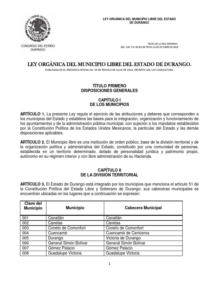 Ley Organica Del Municipio Libre de Durango | PDF | Gobierno local | Alcalde