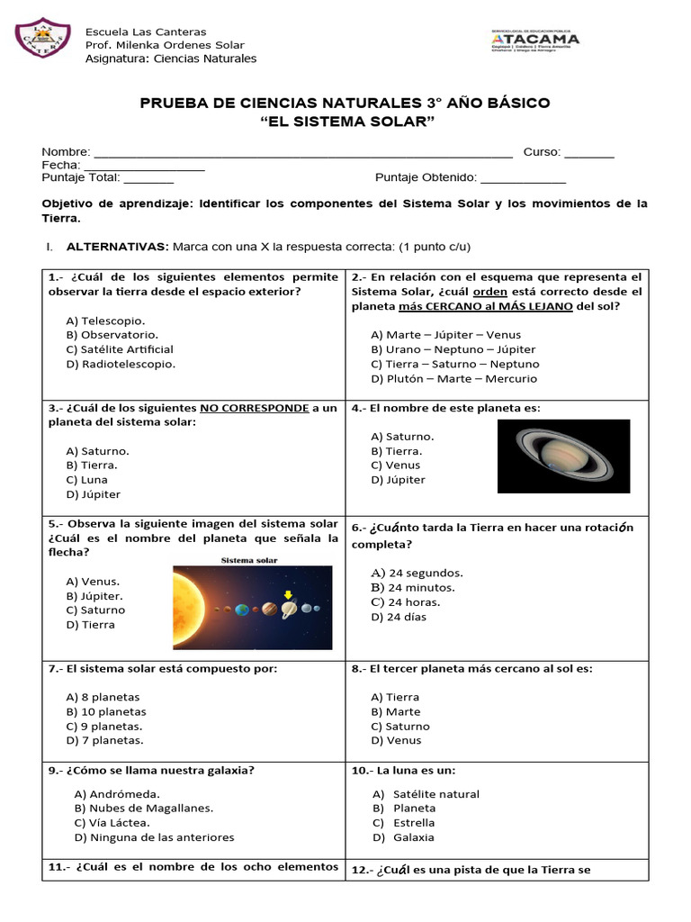 Prueba de Ciencias Naturales: Sistema Solar 3° Básico | PDF | Sistema ...