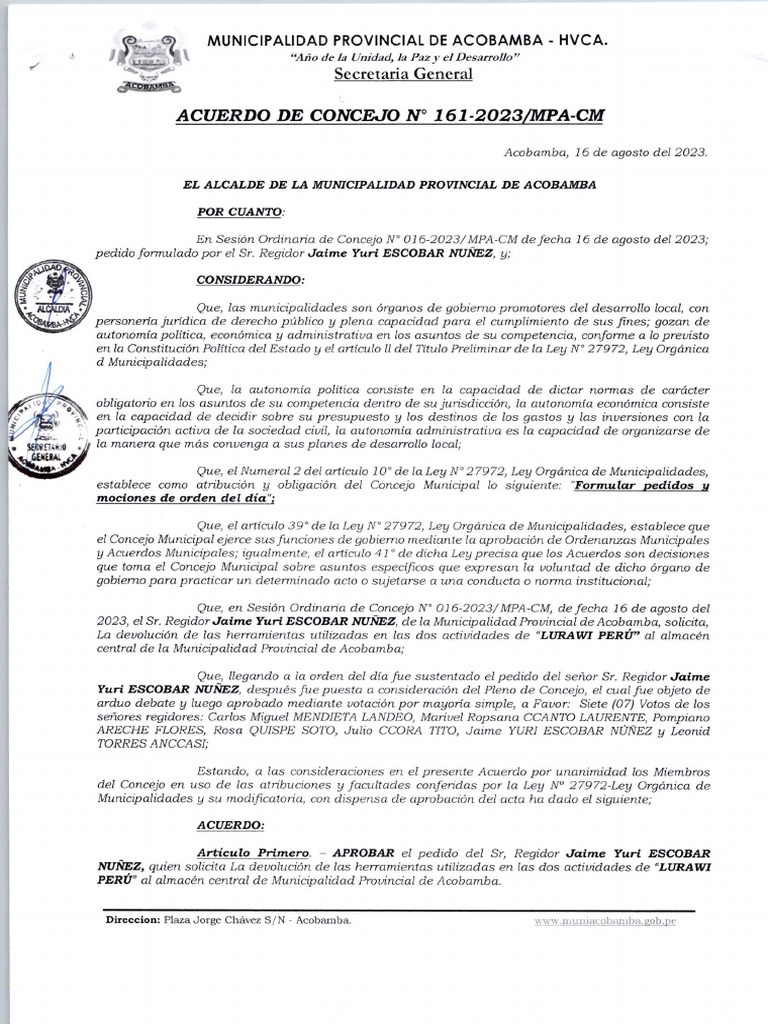 Acuerdo de Concejo 161-2023-MPA-CM | PDF