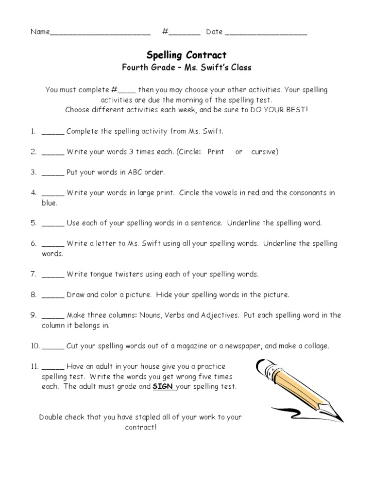 Spelling Contract: Fourth Grade - Ms. Swift's Class | PDF | Foreign ...