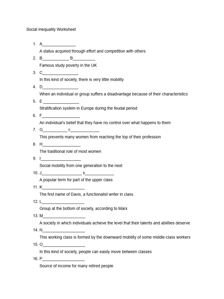 Social Inequality Worksheet | PDF