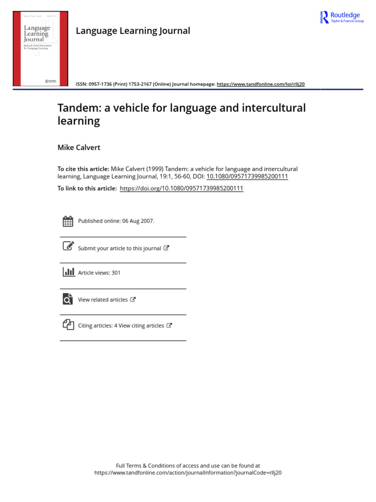 Tandem A Vehicle For Language and Intercultural Learning | PDF ...