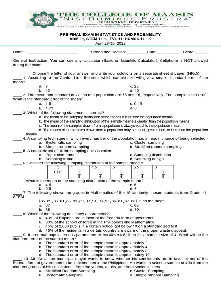 Prefinal Exam in Stat | Download Free PDF | Sampling (Statistics ...