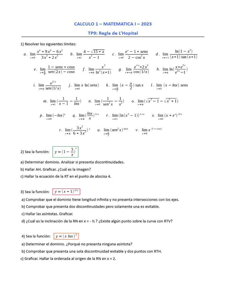 Calculo 1 - Matematica I - 2023 TP9: Regla de L'Hopital: A - Lim X B ...