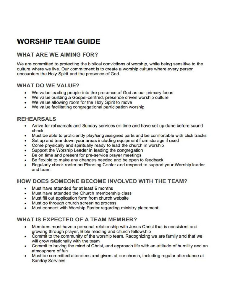 Worship Team Guidelines Examples Screenshot 1 | PDF