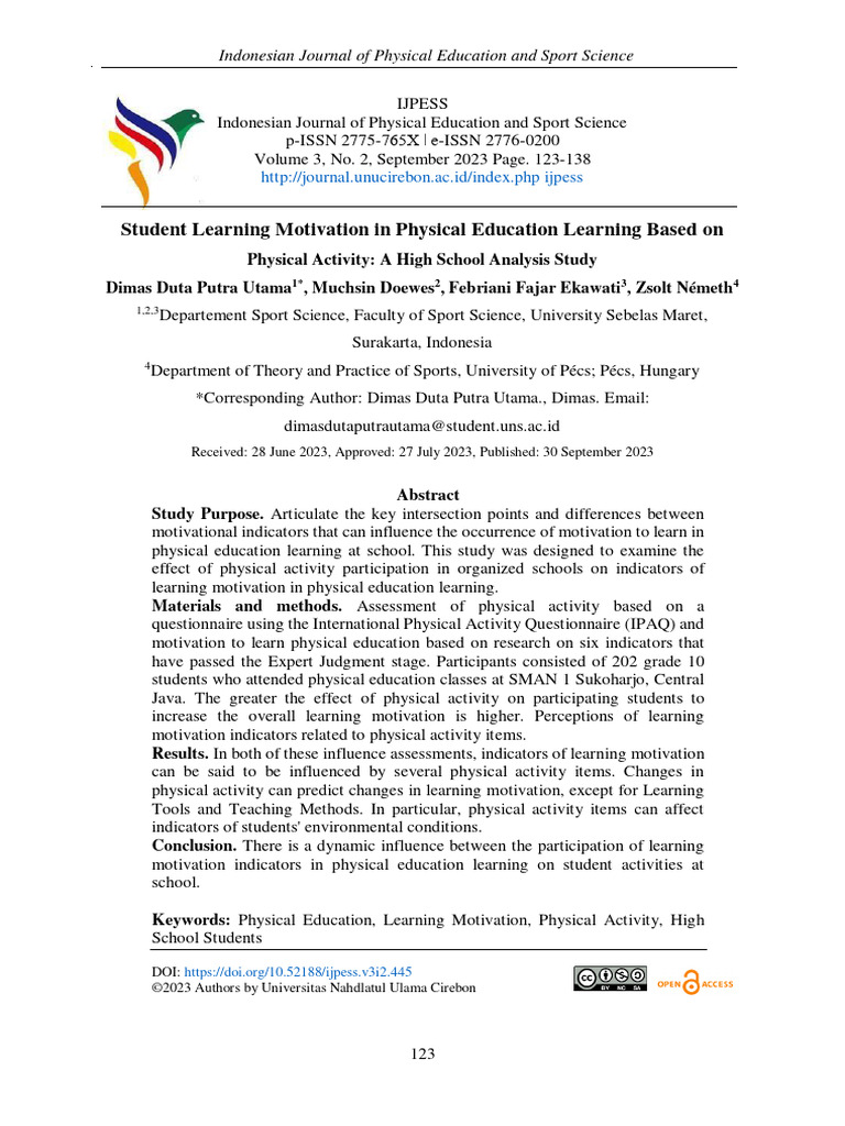 Student Learning Motivation in Physical Education Learning Based On | PDF