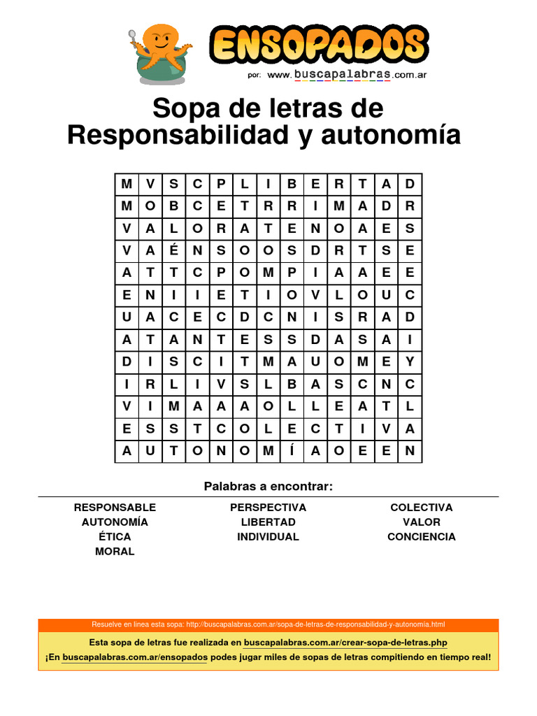 Sopa de Letras de Responsabilidad y Autonomía | PDF