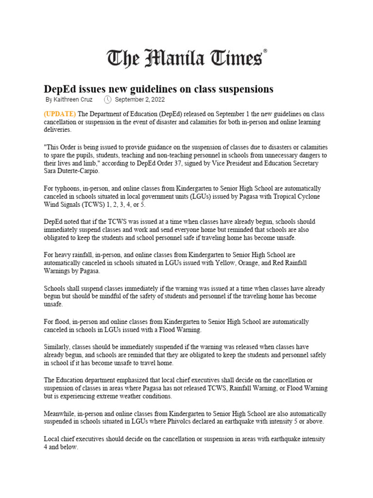 DepEd Issues New Guidelines On Class Suspensions | PDF