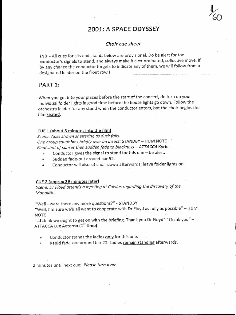 2001 Space Odyssey Choir Cue Sheet | PDF