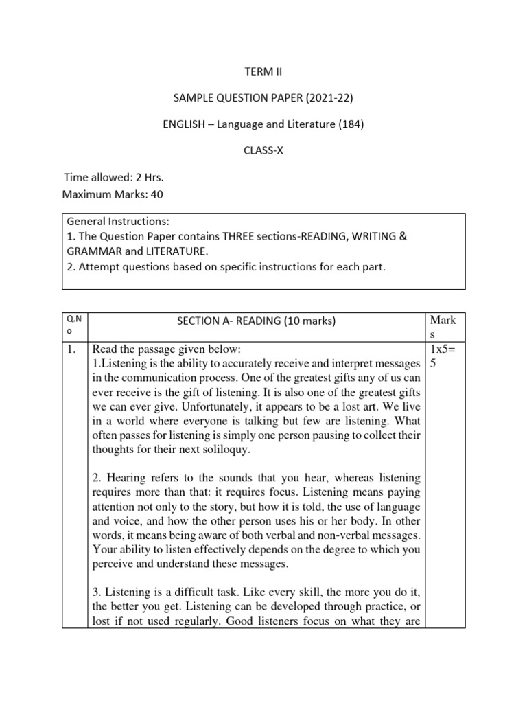 SET V - Sample Paper English Class X Term II | PDF
