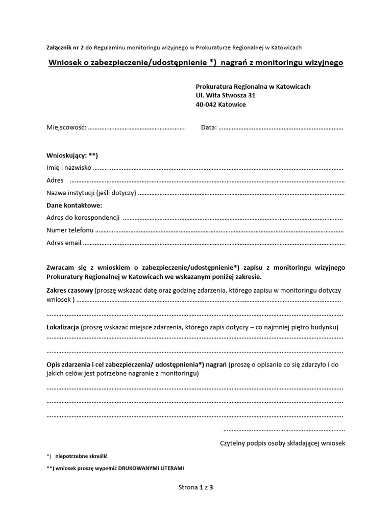 Wniosek o Udostępnienie Monitoringu | PDF