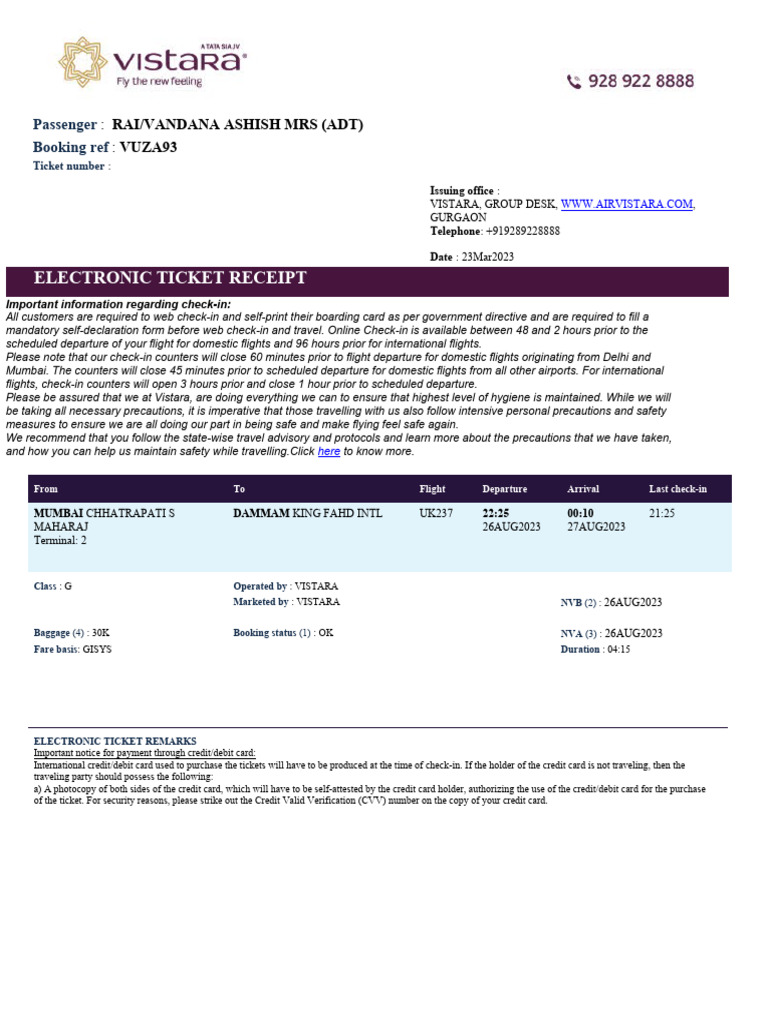Vistara Flight Check-in Guidelines | PDF | Credit Card | Aviation