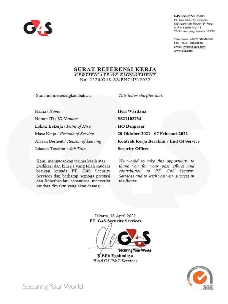 G4S Employment Certificate for Heri Wardana | PDF