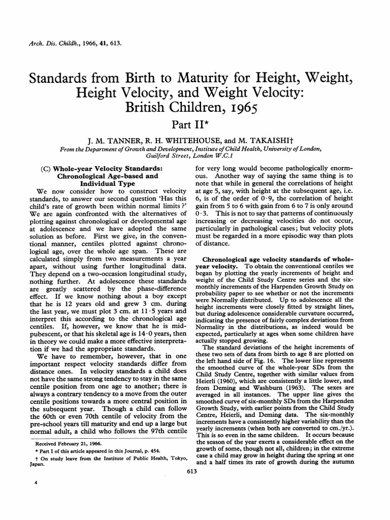 Tanner Et Al (1966) - Standards From Birth to Maturity for Height ...