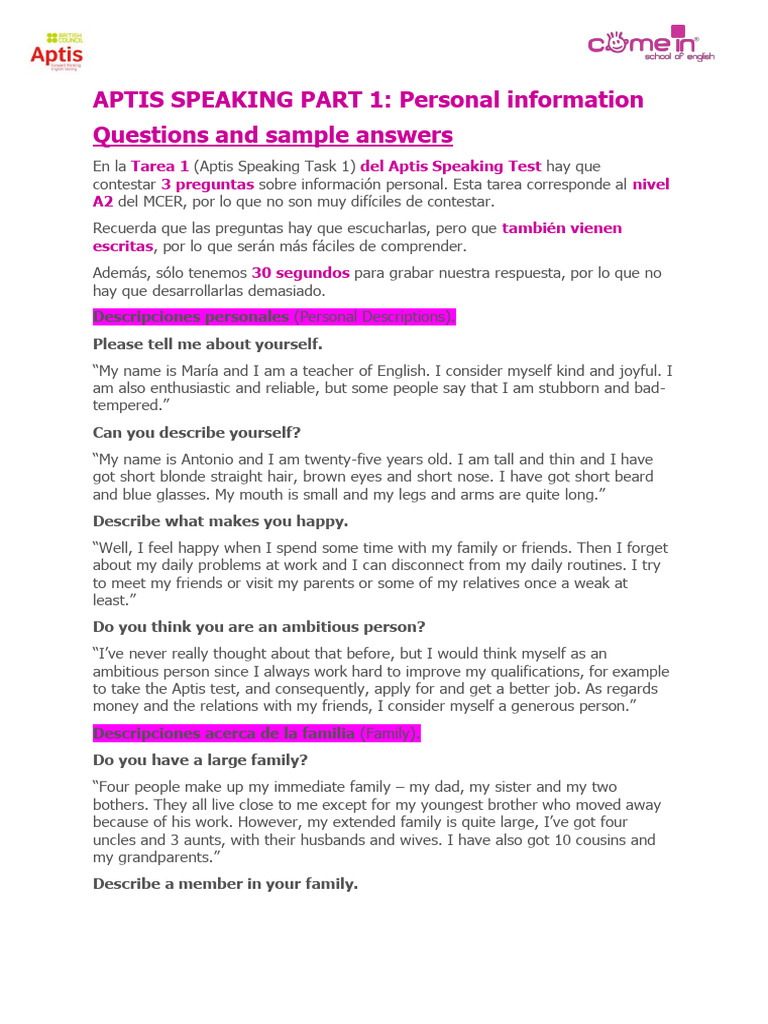 APTIS SPEAKING PART 1 Sample Answers | PDF