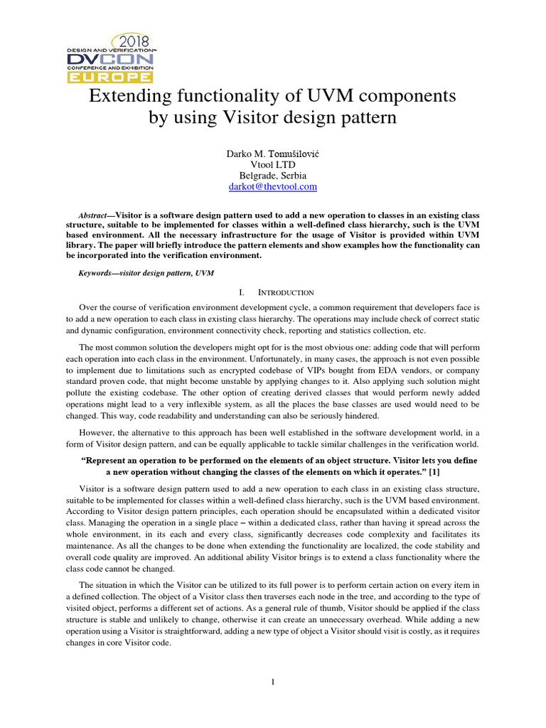 Extending Functionality of Uvm Components by Using Visitor Design Pattern | PDF