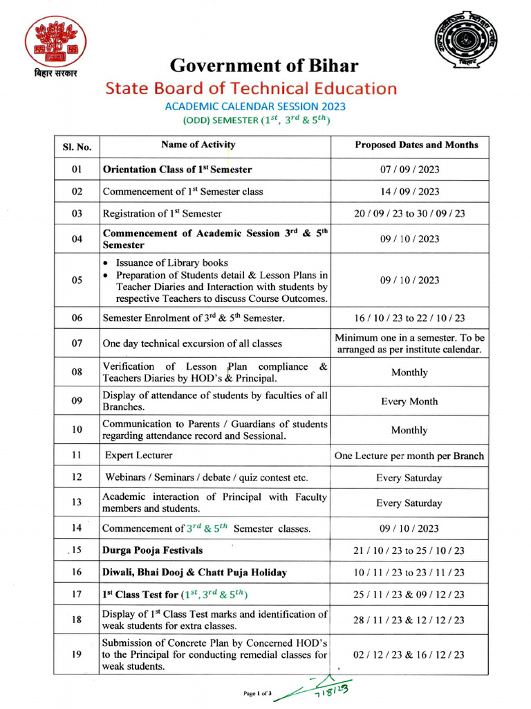 Academic Calendar 3rd Semester | PDF