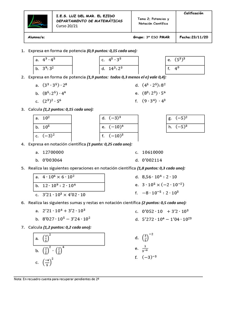 Examen Potencias y Notación científica | PDF