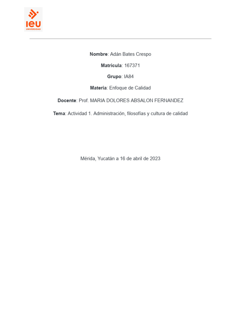 Actividad 1. Administración, Filosofías y Cultura de Calidad | PDF