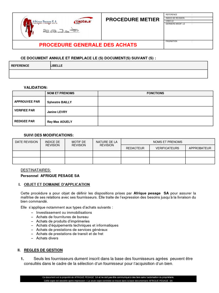 Procédure Générale des Achats | PDF