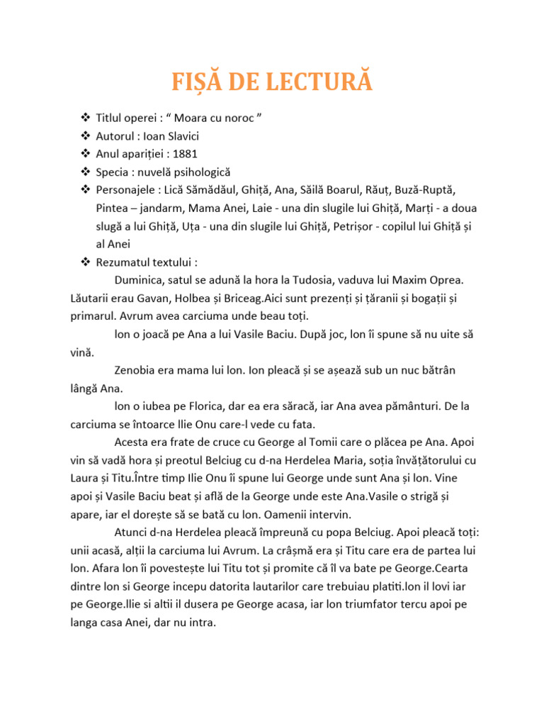 FIȘĂ DE LECTURĂ - Moara Cu Noroc | PDF