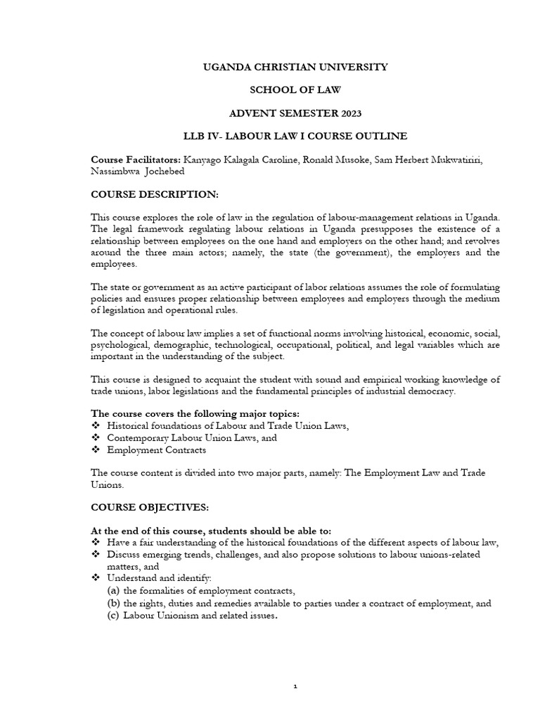 Labour Law I Course Outline 2023 | PDF | Trade Union | Labour Law