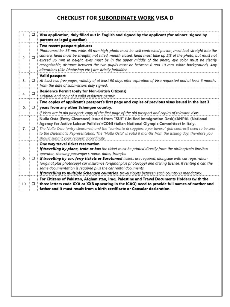 Subordinate Work Visa Checklist | PDF | Travel Visa | Passport