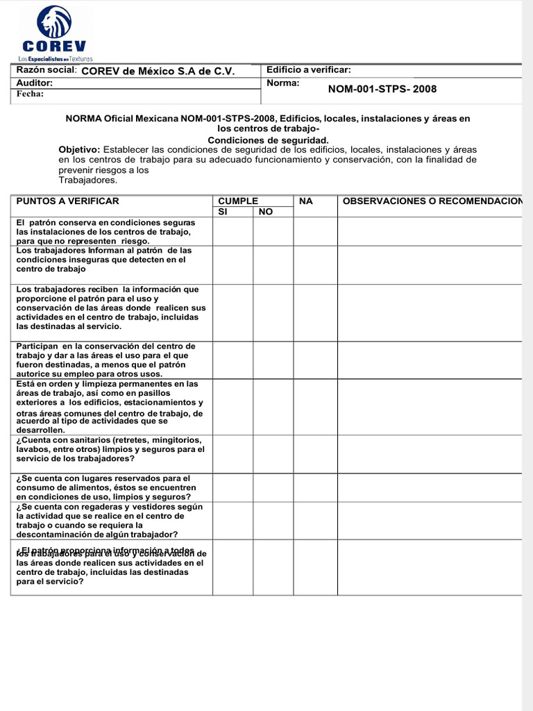 Checklist de Seguridad NOM-001-STPS | PDF