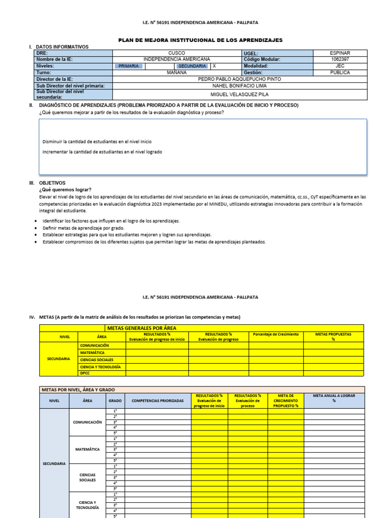 Formato de Plan de Mejora | PDF | Evaluación | Enseñando