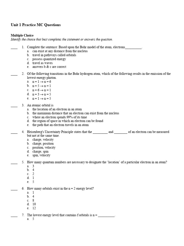 SCH 4U Unit 1 Practice MC Questions | PDF