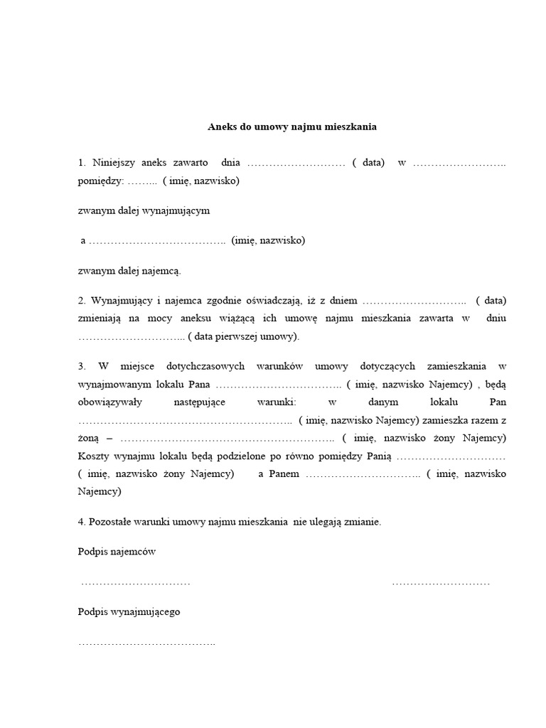 9.2 Aneks Do Umowy Najmu Mieszkania | PDF