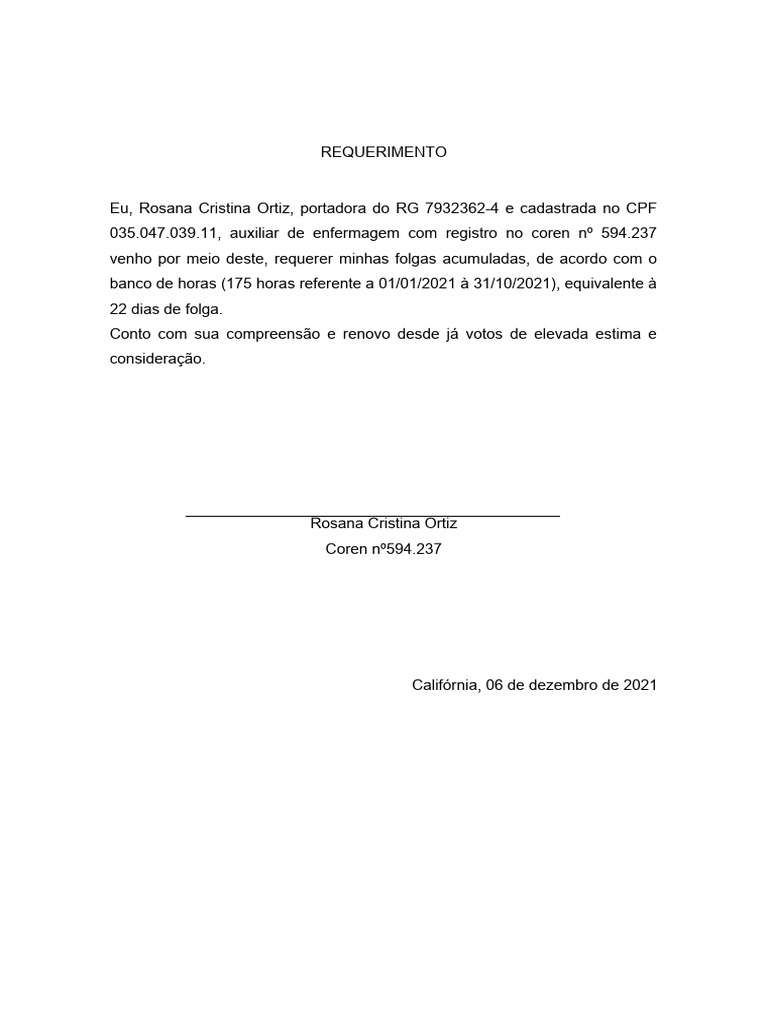 REQUERIMENTO Banco de Horas | PDF