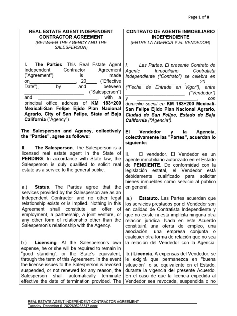 Contrato Agente Independiente Español e Ingles | PDF