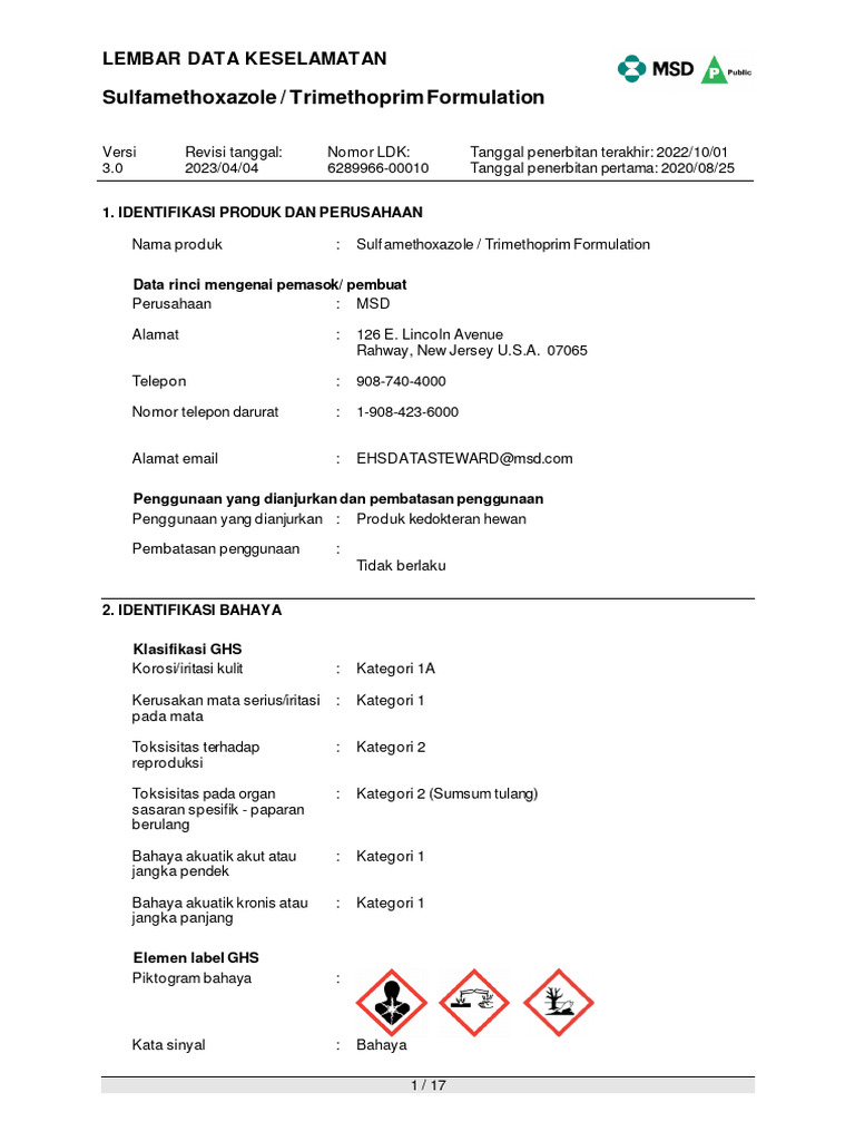 Product Safety-data-sheets Ah-sds Sulfamethoxazole and Trimethoprim Formulation AH ID ID | PDF