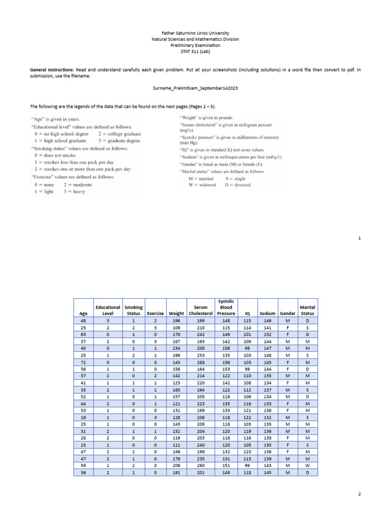 STAT 311 Preliminary Examination (Lab) | PDF