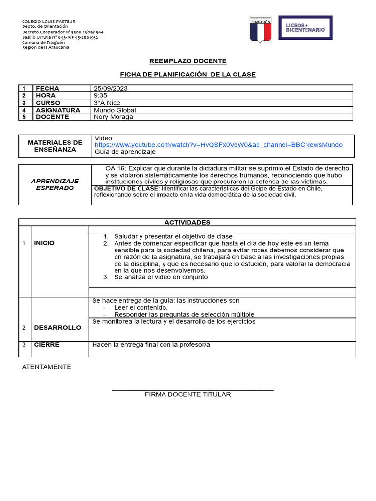Fichas de Planificación de Clases Reemplazos Nory | PDF | Maestros ...