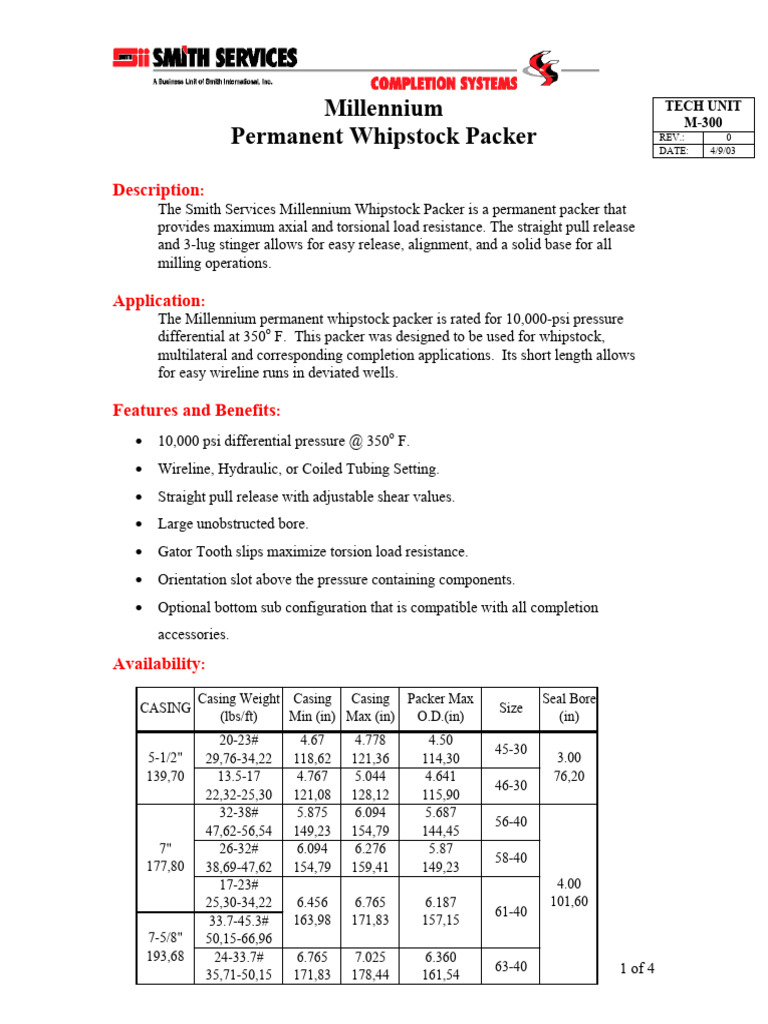 Millennium Permanent Whipstock Packer | PDF | Tools | Mechanical ...