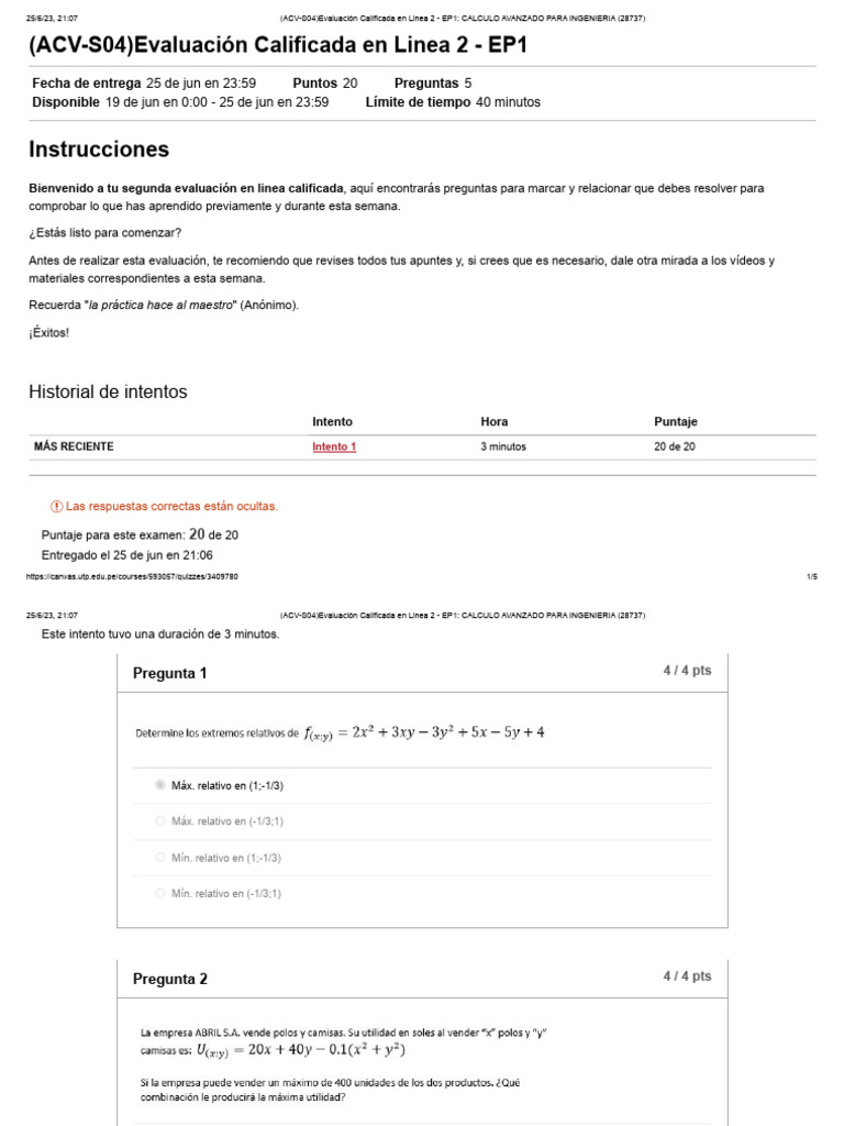 (Acv-S04) Evaluación Calificada en Linea 2 - Ep1 - Calculo Avanzado para Ingenieria (28737) | PDF