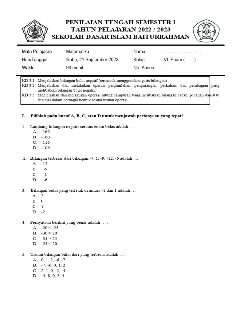 Mtk-Soal-Pts Ganjil KLS 6 | PDF