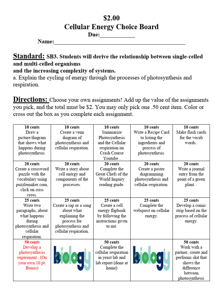 Cell Energy Choice Board | PDF | Photosynthesis