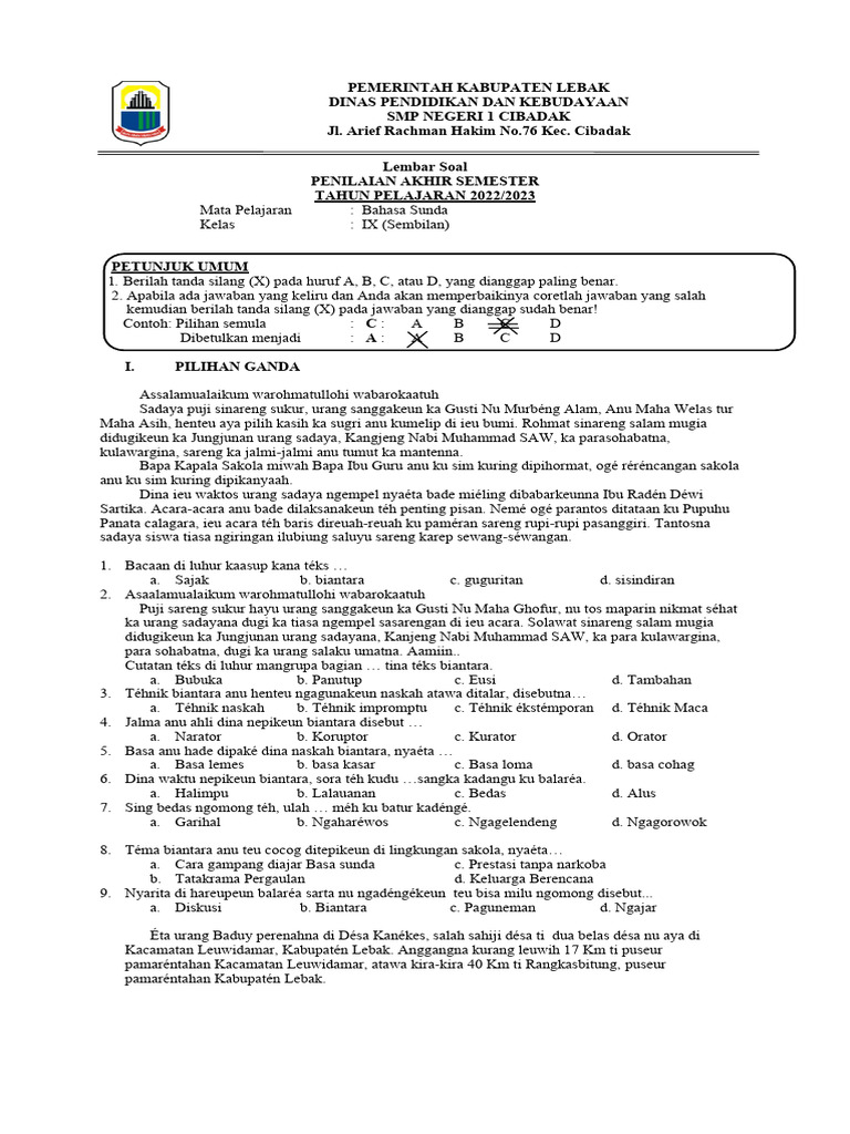 Soal Pas Sunda Kelas 9 2022 | PDF