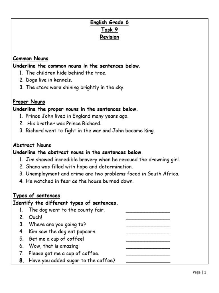 Grade 6 English Noun and Sentence Tasks | PDF