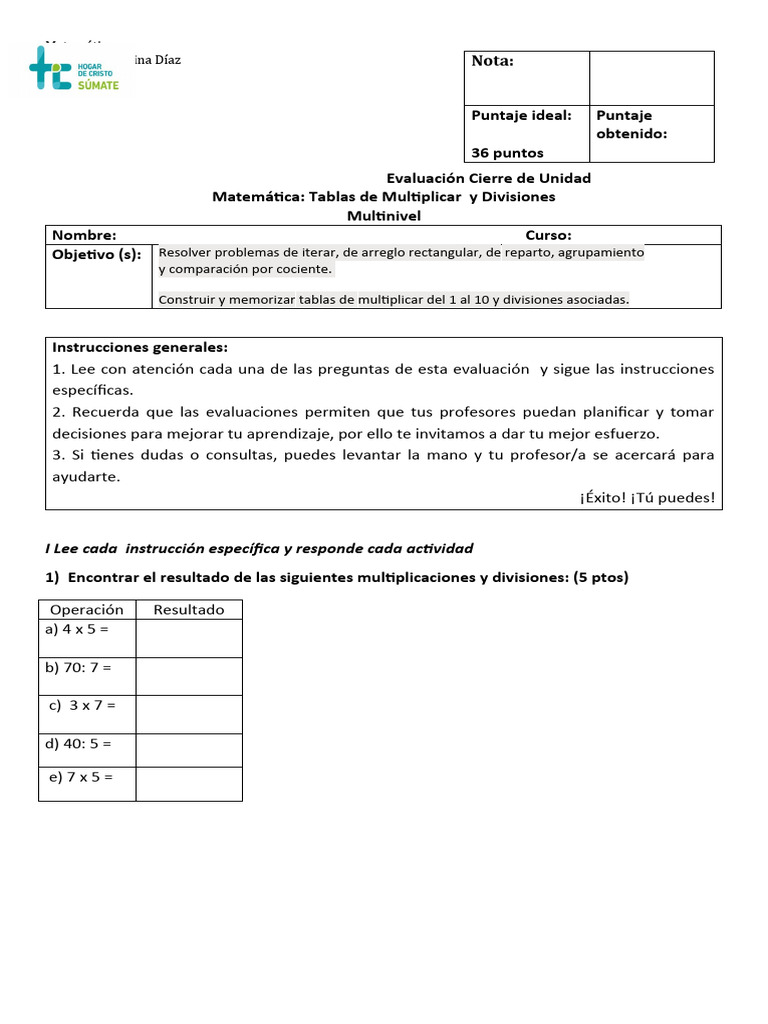 Prueba multiplicaciones y divisiones | PDF