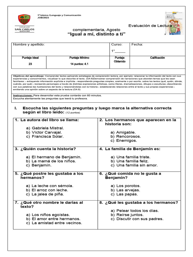 1° Lenguaje Evaluación Libro Igual A Mi, Distinto A Ti (28 de Agosto ...