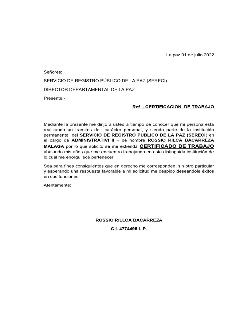 Carta Modelo Certificado de Trabajo | PDF