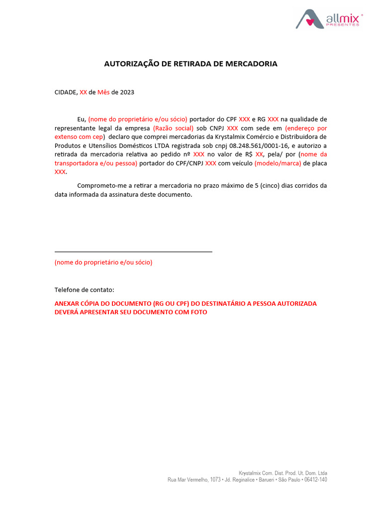 Autorização de Retirada de Mercadoria | PDF Autorização de Retirada de Mercadoria | PDF