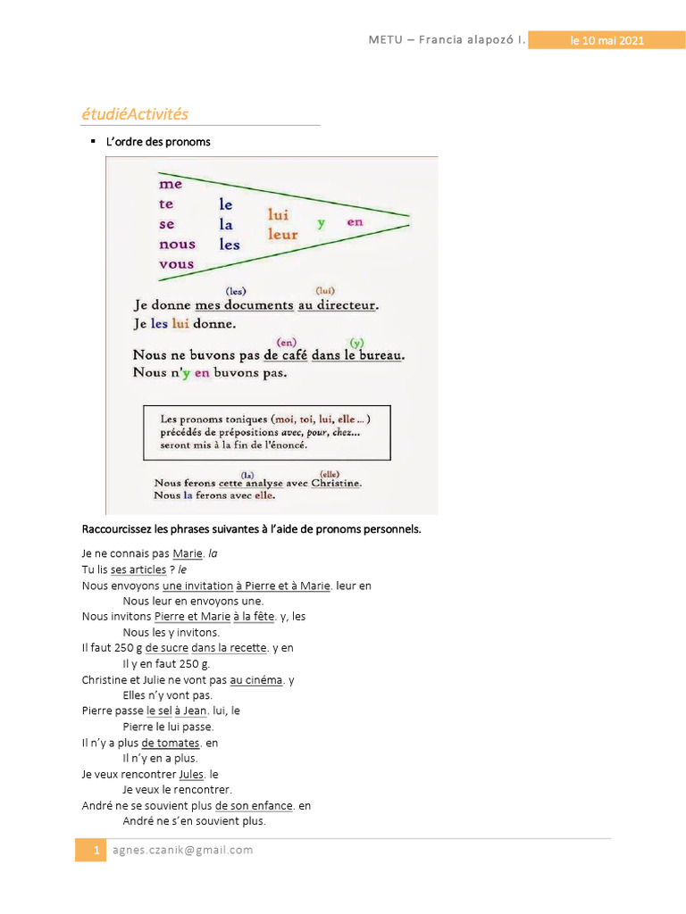 Exercices de pronoms et prépositions en français | PDF