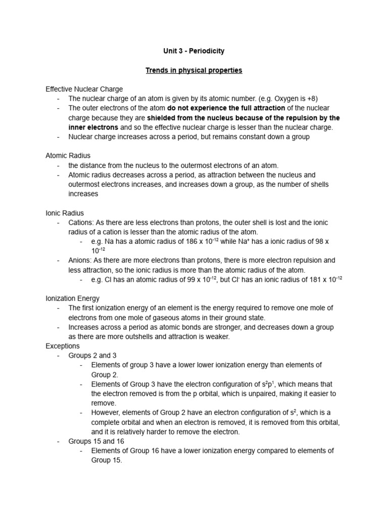 IB Chemistry - Unit 3 - Periodicity Study Guide | PDF