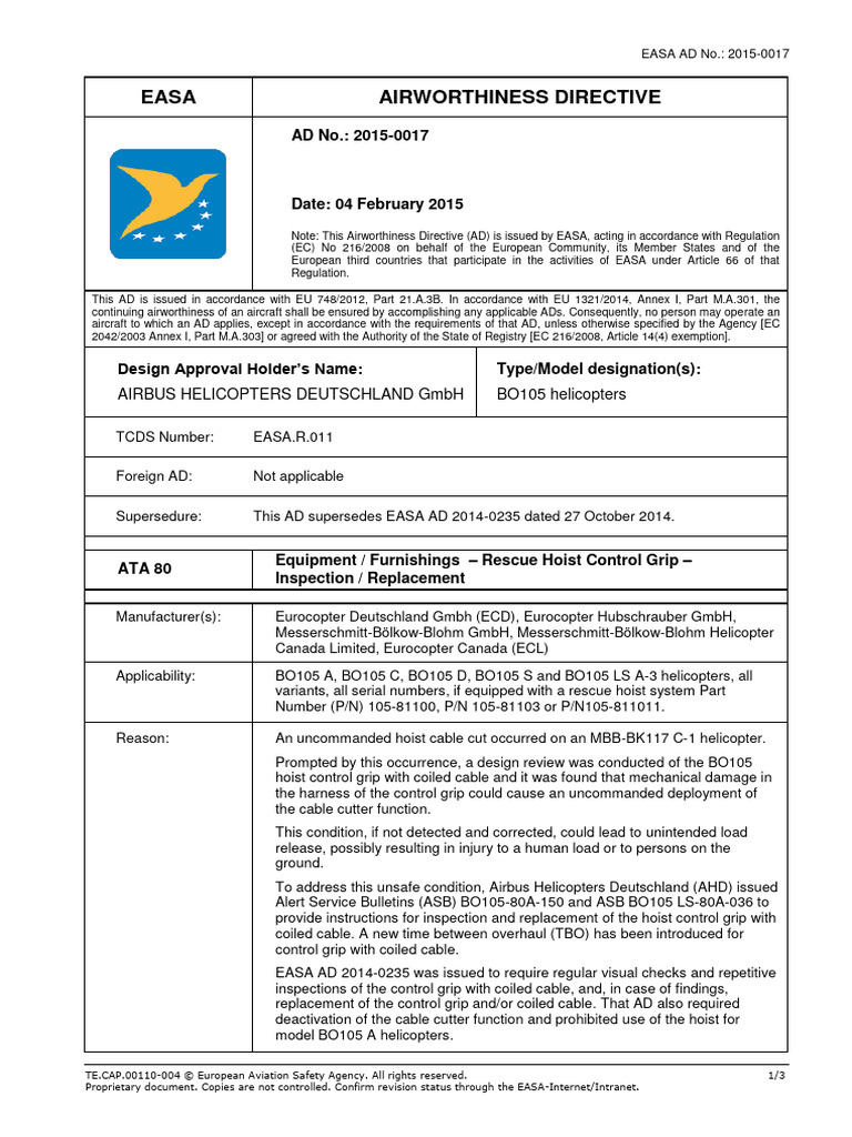 Easa Airworthiness Directive: AD No.: 2015-0017 | PDF