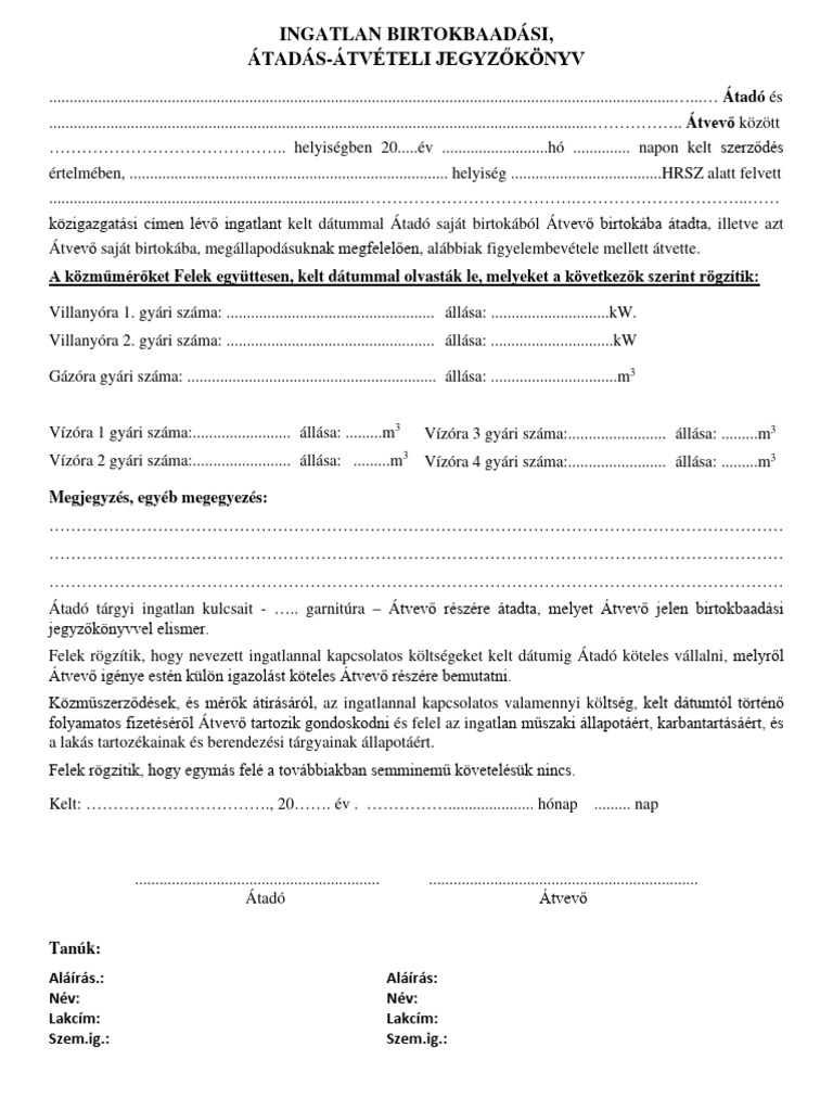 Átadás átvételi jegyzőkönyv | PDF